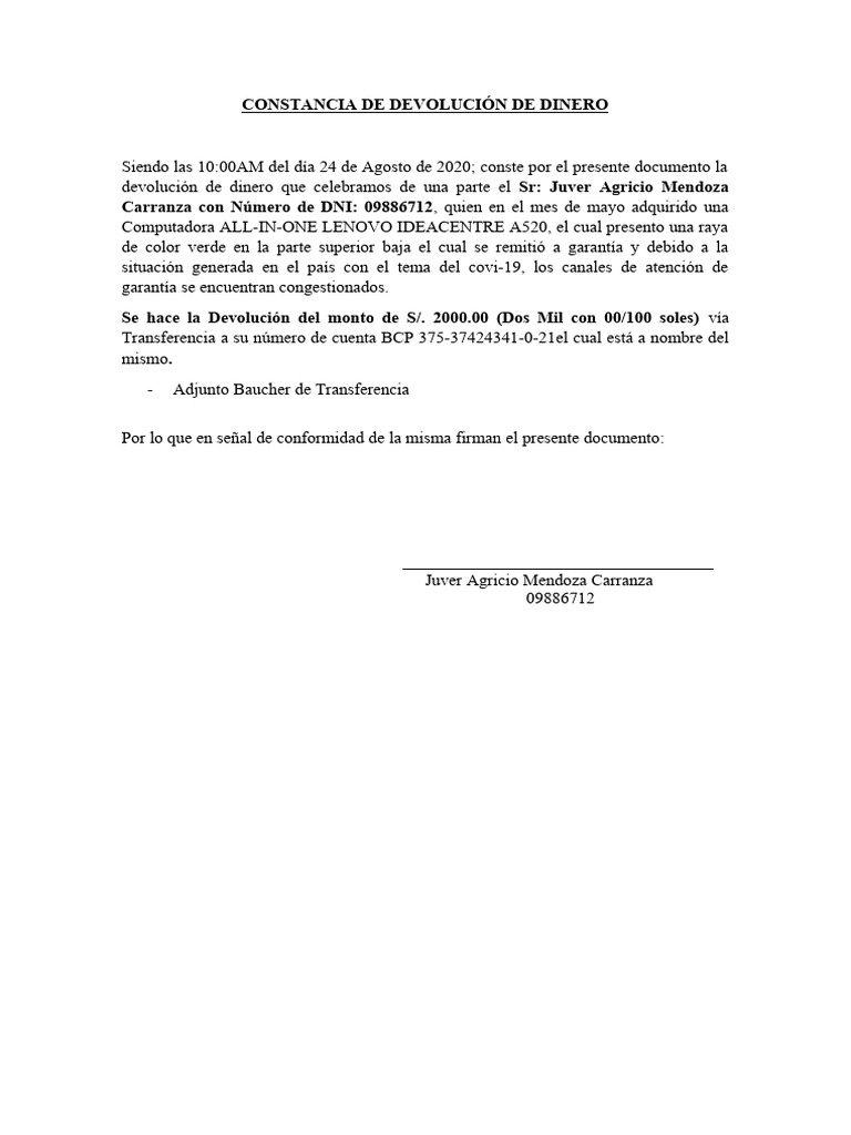 Constancia de Devolución de Dinero | PDF