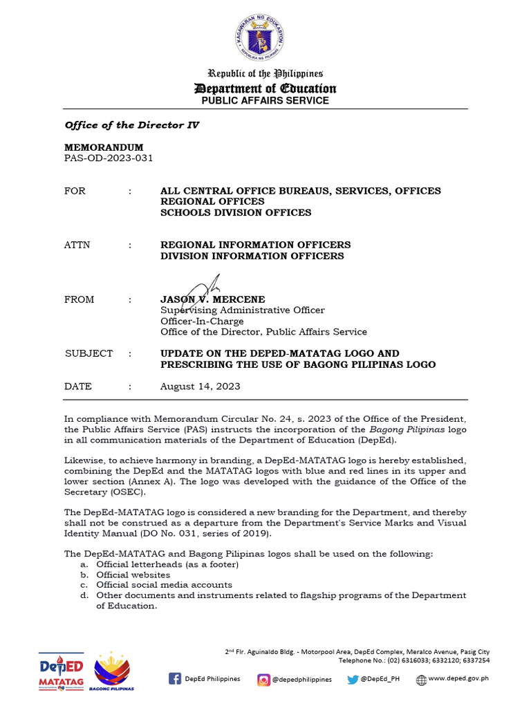 Signed - Memo - PAS OD 2023 - NEW LAYOUT OF DEPED MATATAG BRANDING 1 | PDF