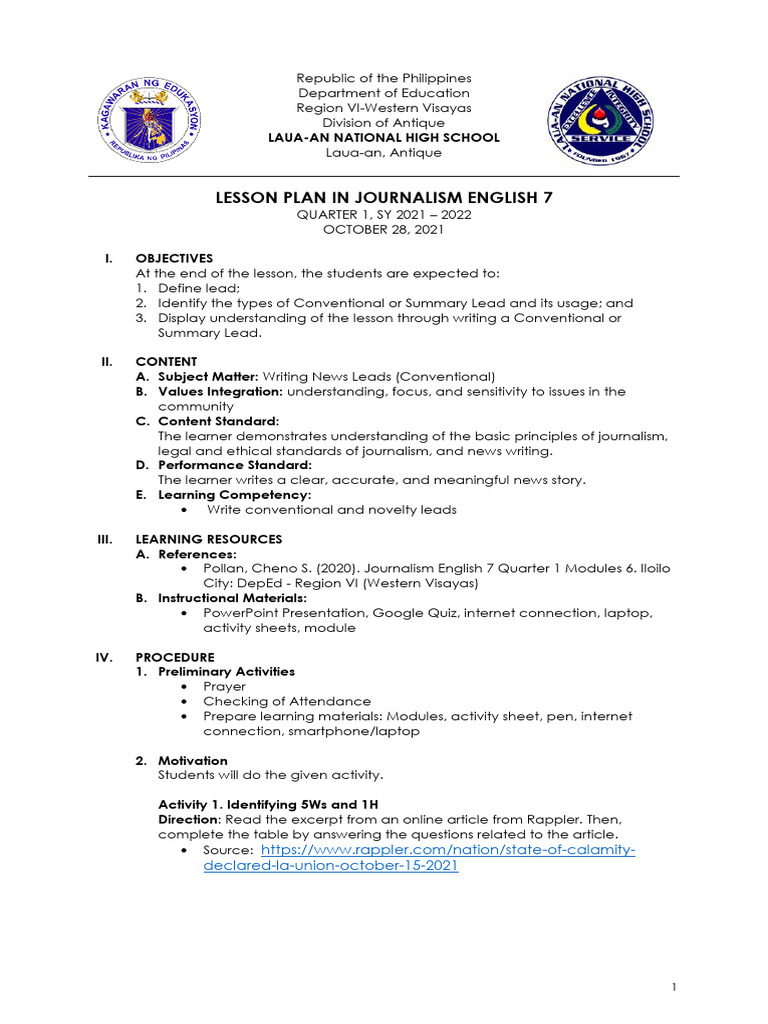 CO-Q1 LESSON PLAN IN JOURNALISM ENGLISH 7 | PDF