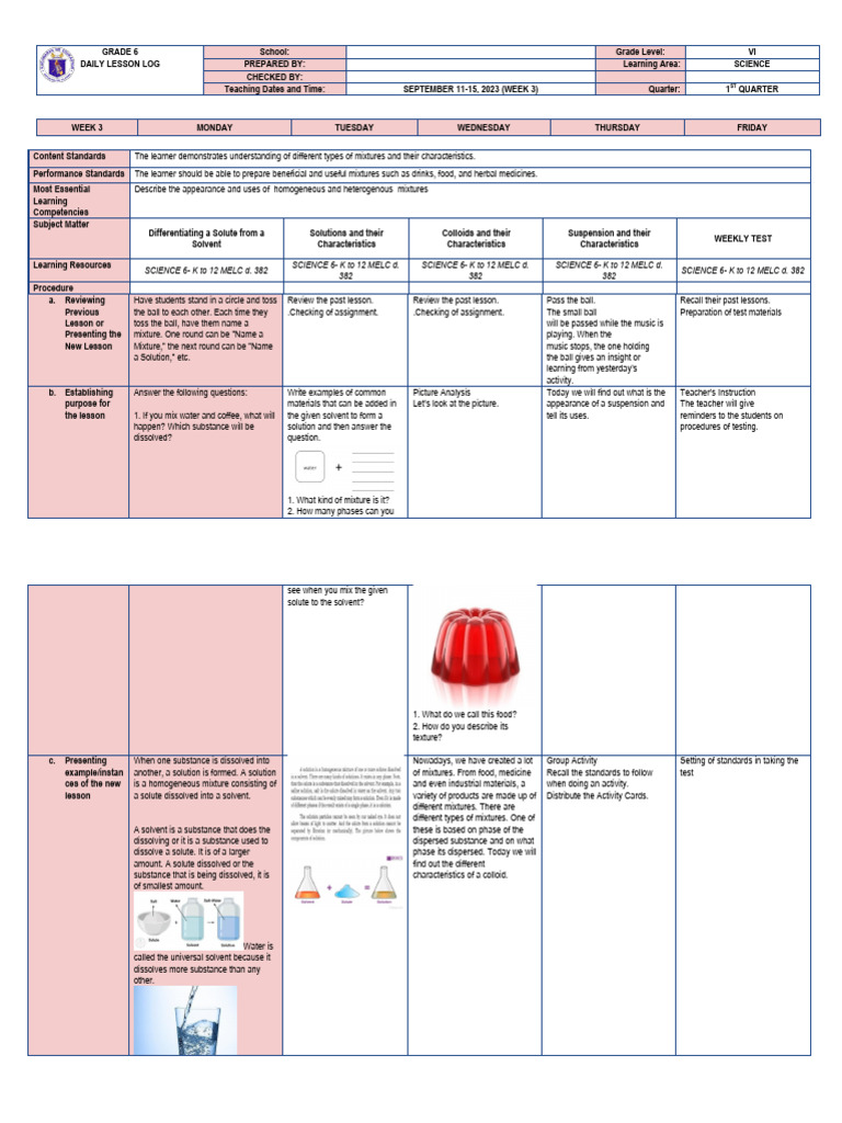 DLL - Science 6 Week 3 | PDF | Mixture | Solubility