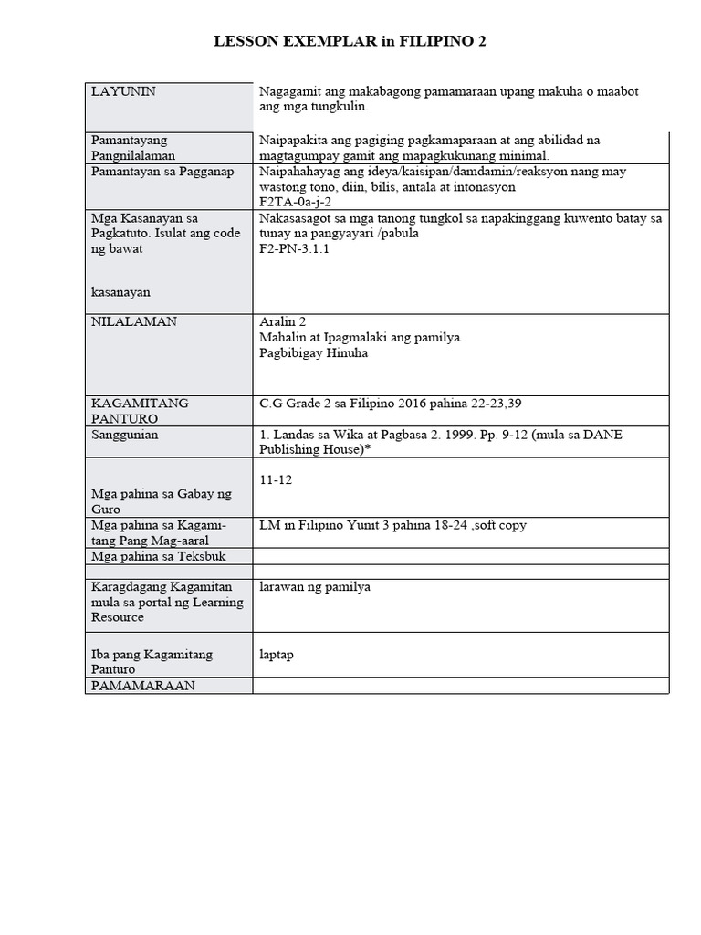 LESSON EXEMPLAR in FILIPINO 2 | PDF