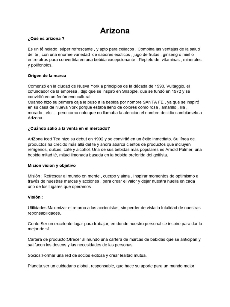 Qué es la bebida Arizona y su origen | PDF