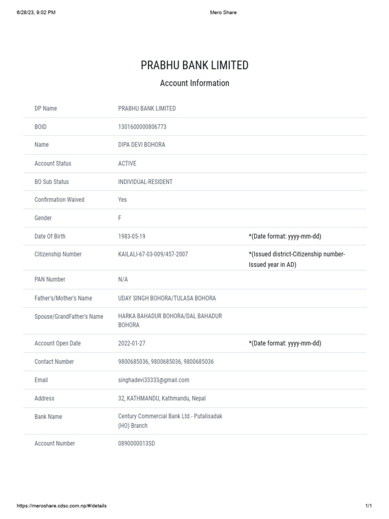 Prabhu Bank Limited: Account Information | PDF