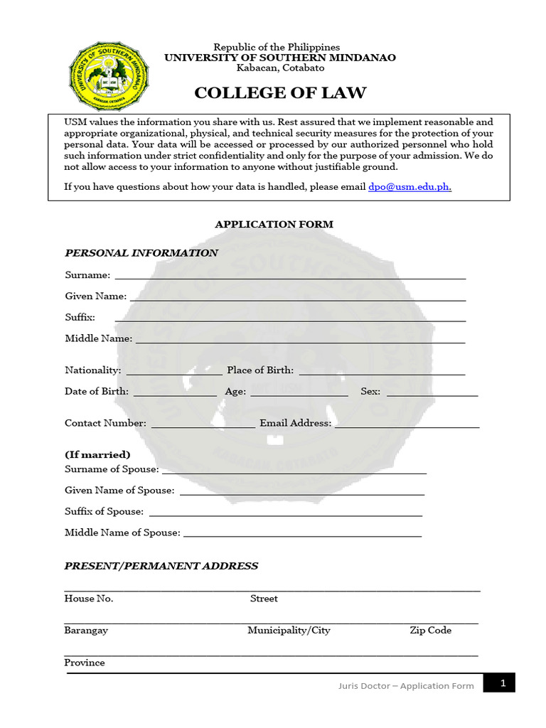 Usm Juris Doctor Application Form | PDF