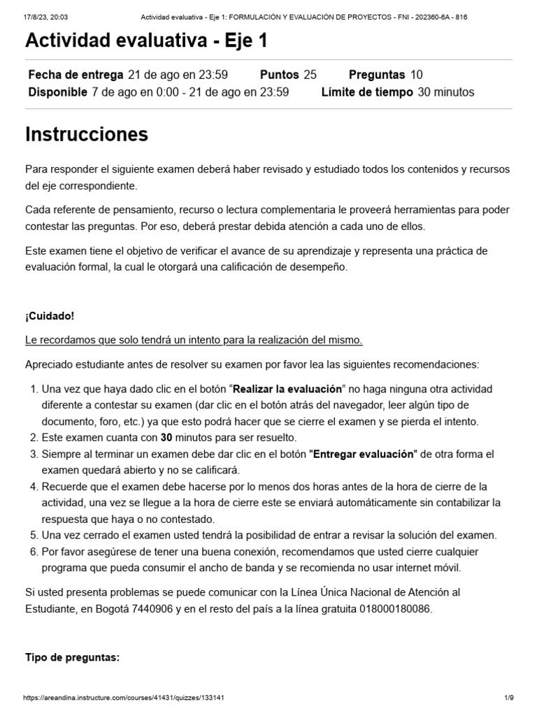 Actividad Evaluativa - Eje 1 - FORMULACIÓN Y EVALUACIÓN DE PROYECTOS - FNI - 202360-6A - 816 ...