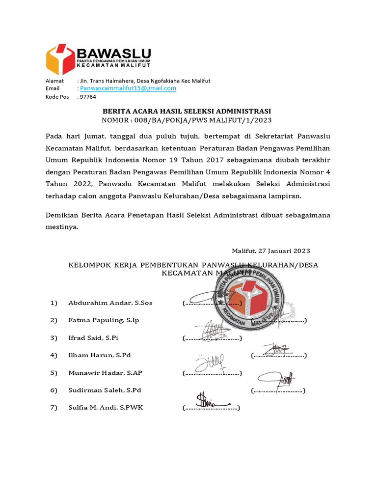 BA Hasil Seleksi Administrasi PKD | PDF