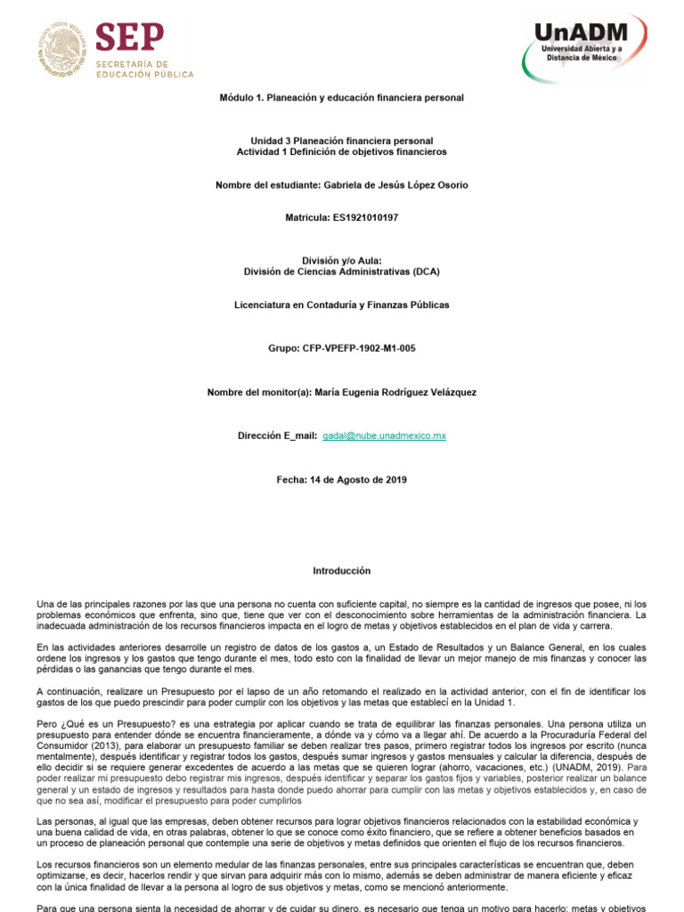 M1 U3 A1 GALO Objetivosfinancieros | PDF