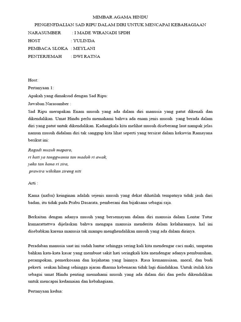 Materi Mimbar Agama Hindu SAD RIPU | PDF