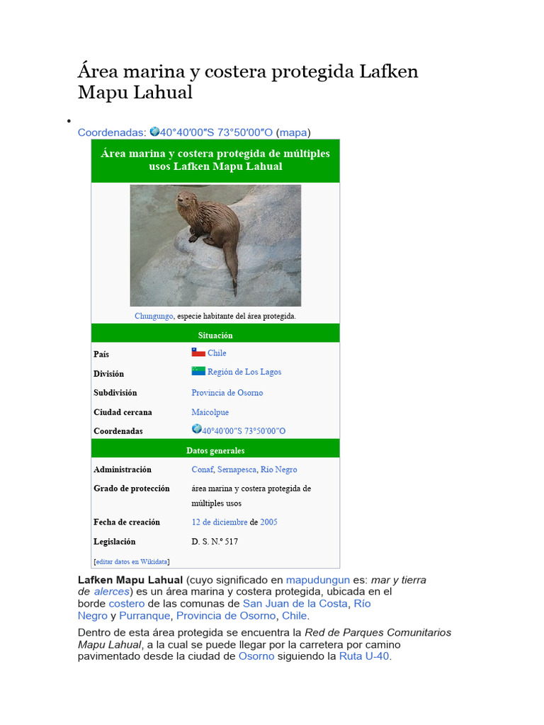 Área Marina y Costera Protegida Lafken Mapu Lahual | PDF | Ciencia y matemáticas
