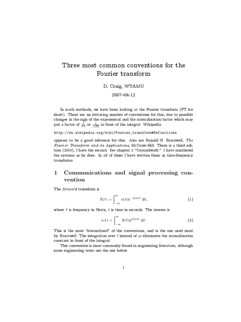 Common Fourier Transform Conventions | PDF | Fourier Transform | Wavenumber