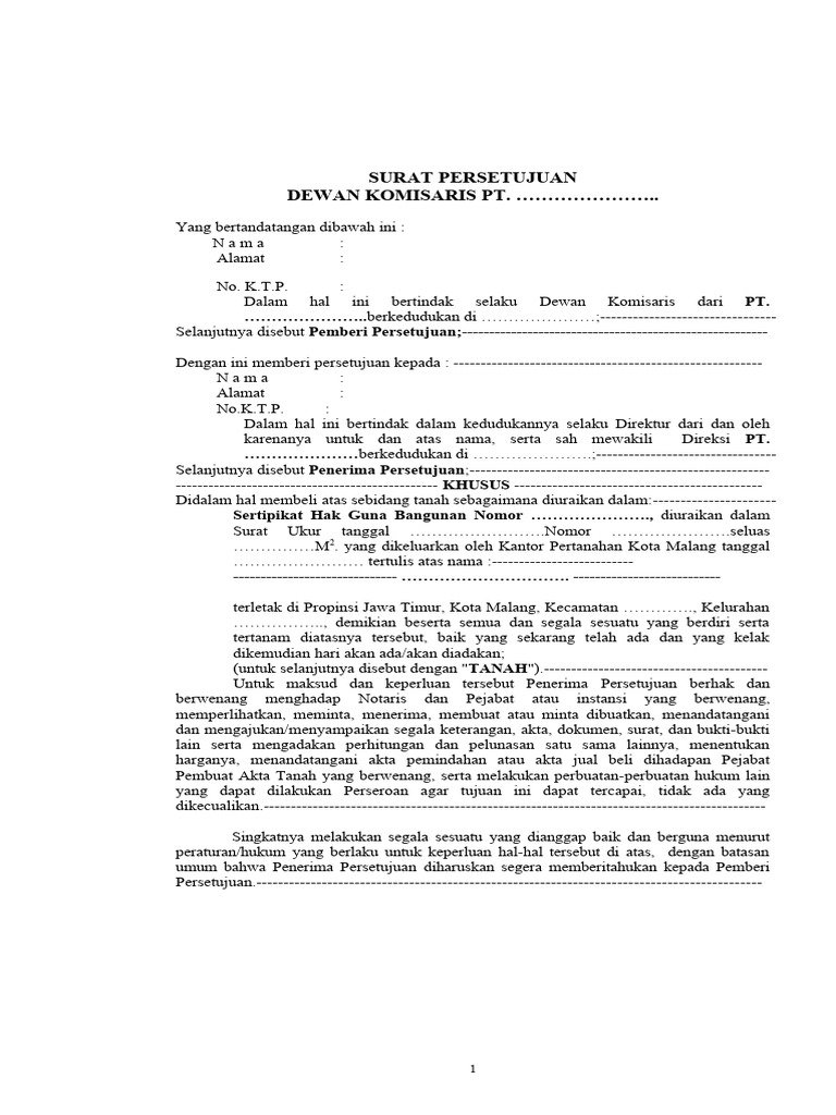 Draft PERSETUJUAN KOMISARIS BELI ASET PT | PDF