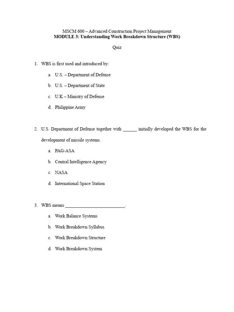 MSCM 600 Module 3 - Quiz With Answer Key - WBS - Rigor | PDF