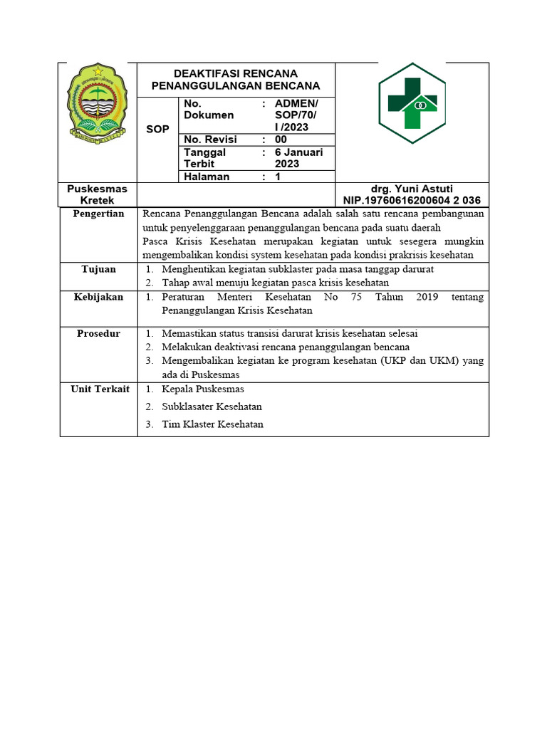 SOP DEAKTIFASI RENCANA PENANGGULANGAN BENCANA | PDF