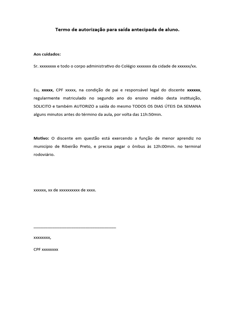 Modelo de Termo de Autorização para Saída Antecipada de Aluno | PDF