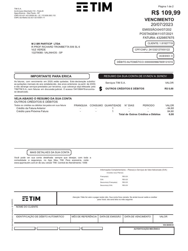 Conta Tim m2br | PDF