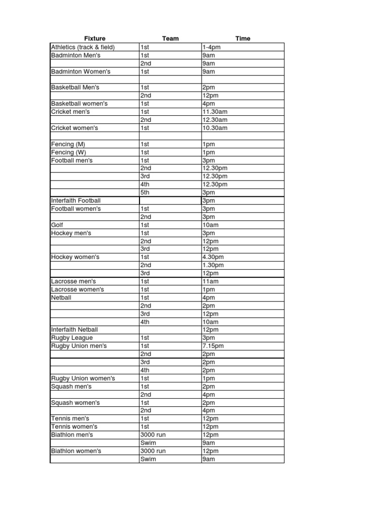 Varsity Fixtures | PDF | Sports & Recreation