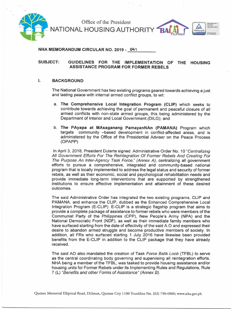 MC 2019-041 - Guidelines On The Implemenation of HSG Prog For Former Rebel | PDF