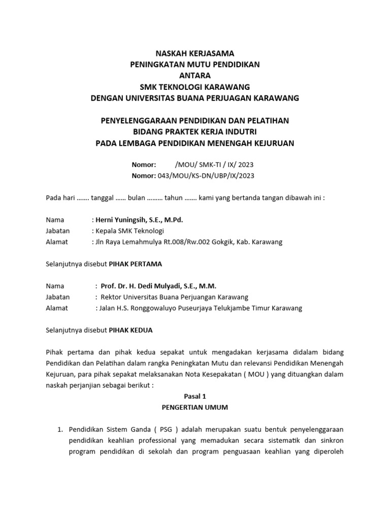 Draft MOU UBP-SMK TEKNOLOGI KARAWANG 2023 | PDF