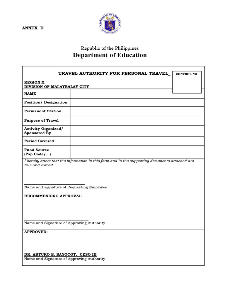 Annex D Travel Authority For Personal Travel | PDF | Career & Growth