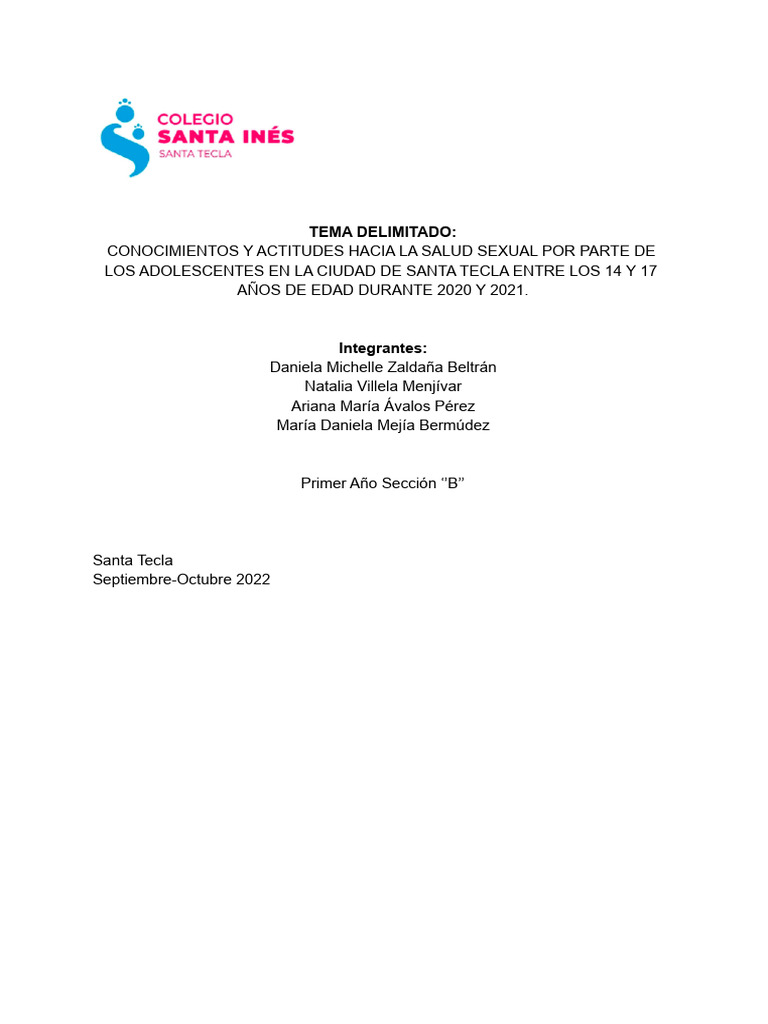 Salud Sexual Adolescente En Santa Tecla Pdf Infección Transmitida 8718