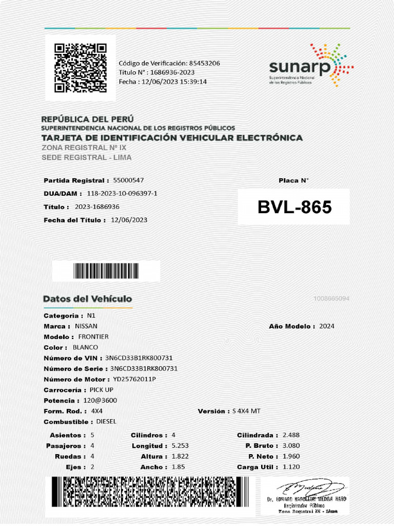 Tarjeta de Propiedad de BVL 865 | PDF
