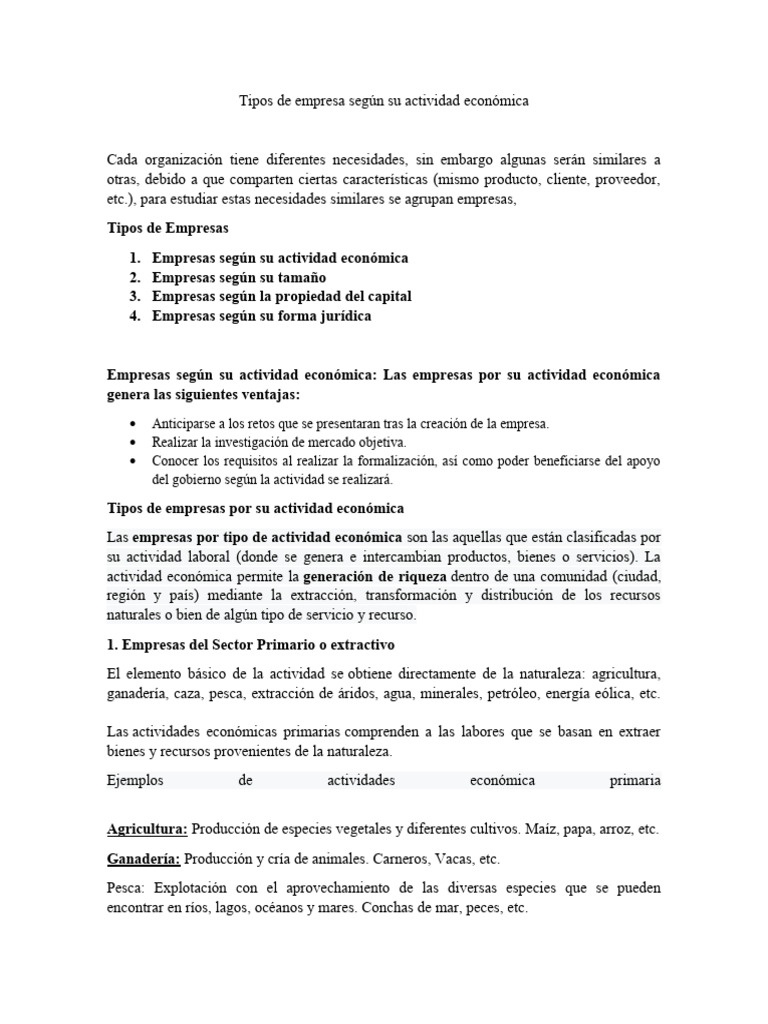Tipos de Empresa Según Su Actividad Económica | PDF | Finanzas y dinero