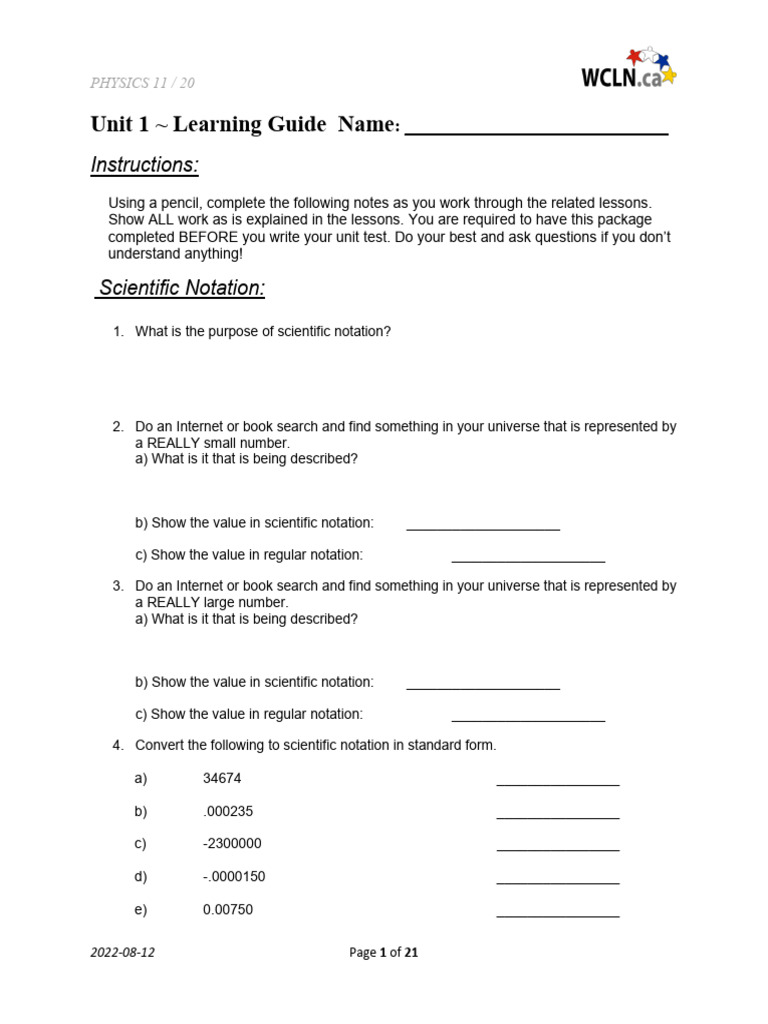 Unit 1 Learning Guide Name: Instructions | PDF | Significant Figures ...