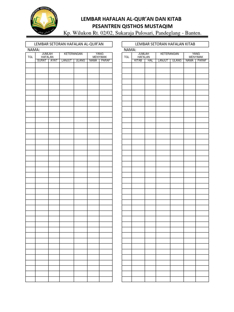 Lembar Setoran Hafalan Al-Qur'an Dan Kitab | PDF