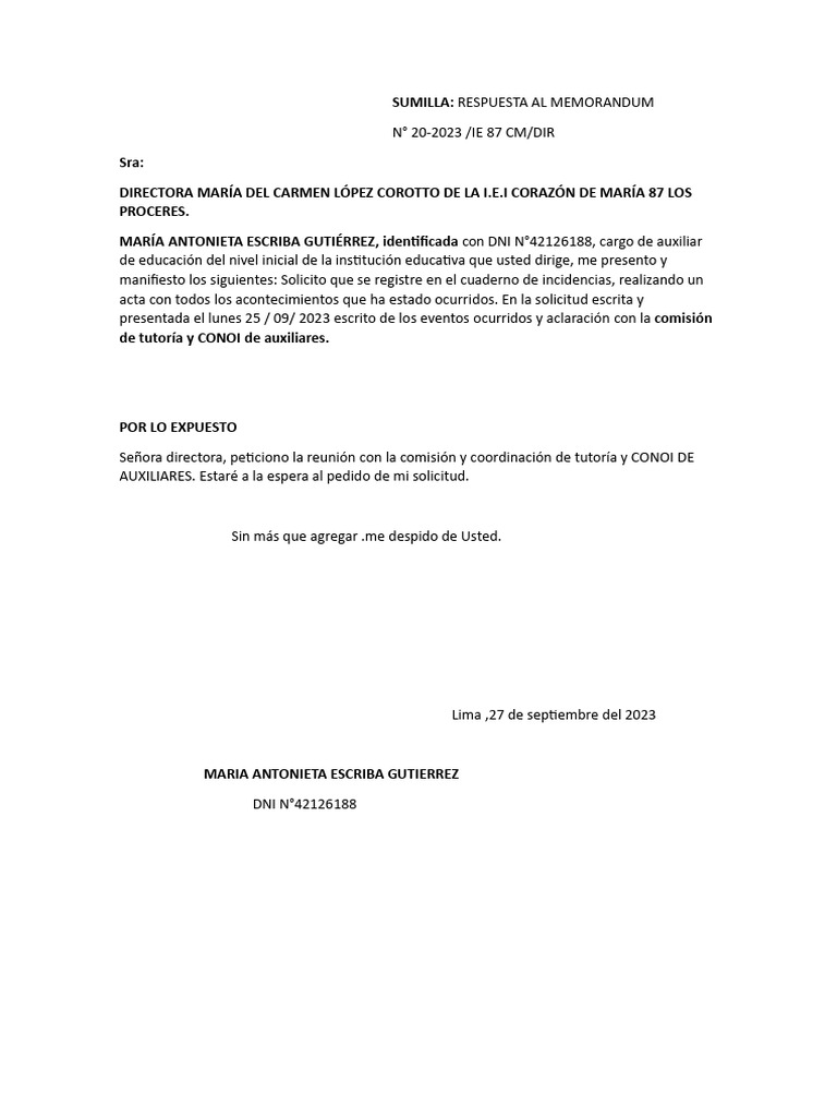 Respuesta Al Memorándum 20-2023 | PDF