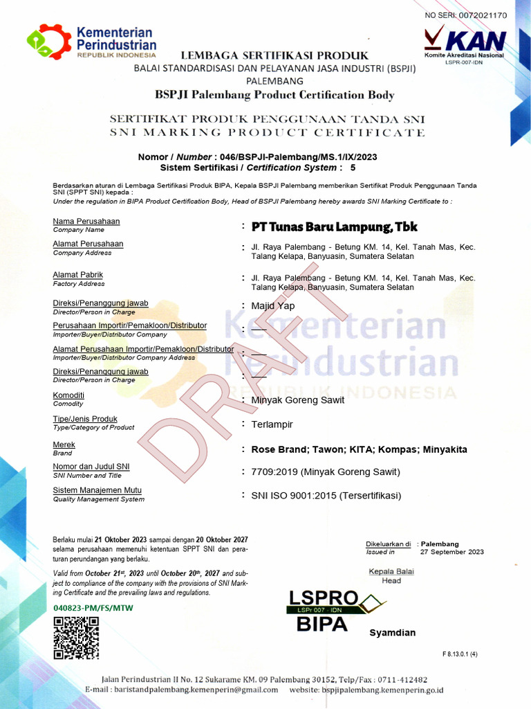 Draft SPPT SNI PT Tunas Baru Lampung | PDF