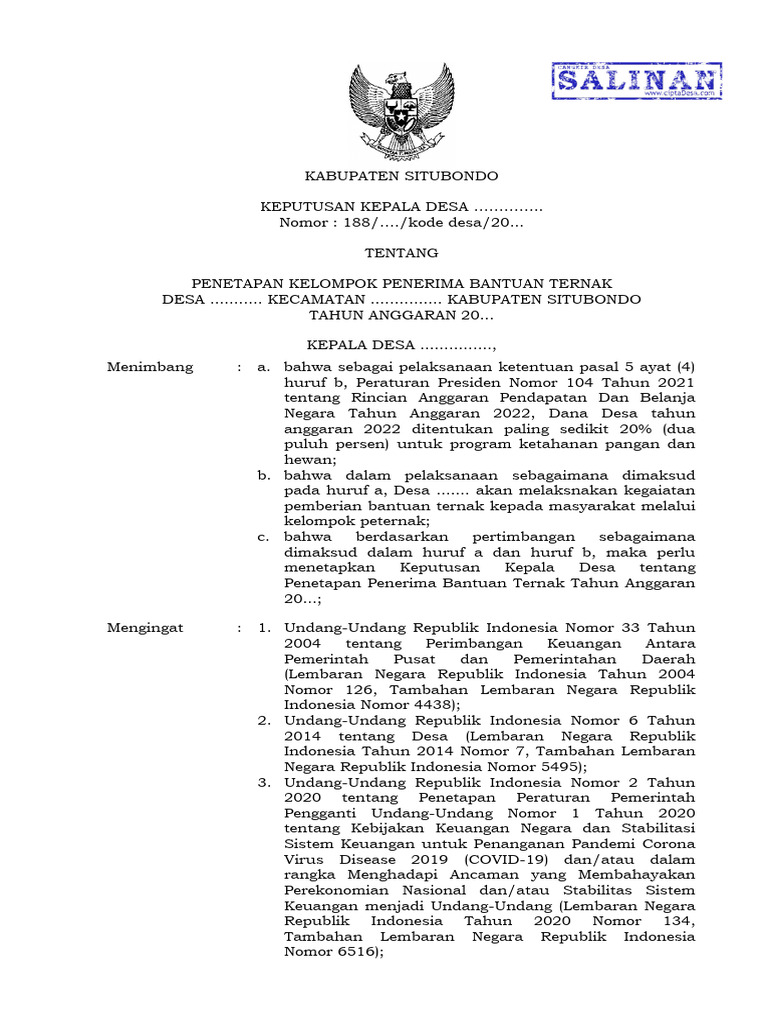 Draft SK Penetapan Penerima Bantuan Ternak | PDF