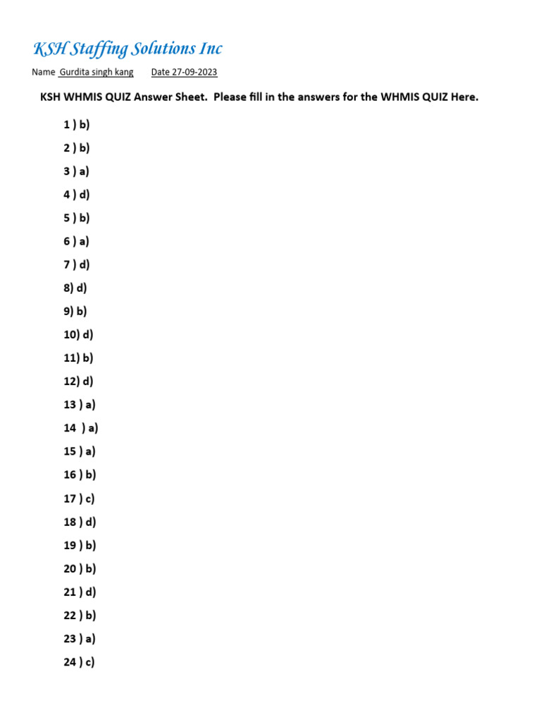 WHMIS Answer Sheet | PDF
