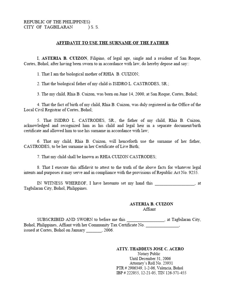Affidavit to Use of Surname of Father | PDF