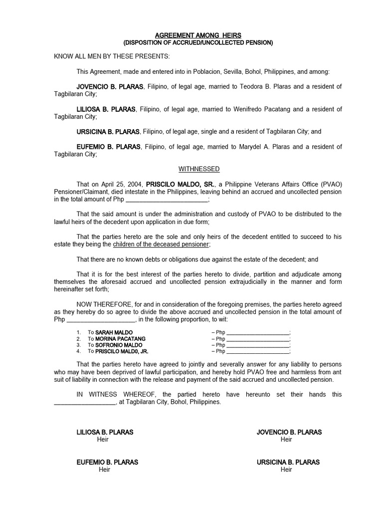 Agreement Among Heirs - Pvao Pensioner | PDF