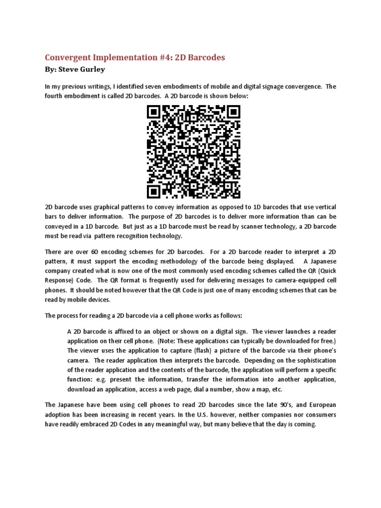 Convergent Implementation #4: 2D Barcodes: By: Steve Gurley | PDF | Barcode | Qr Code