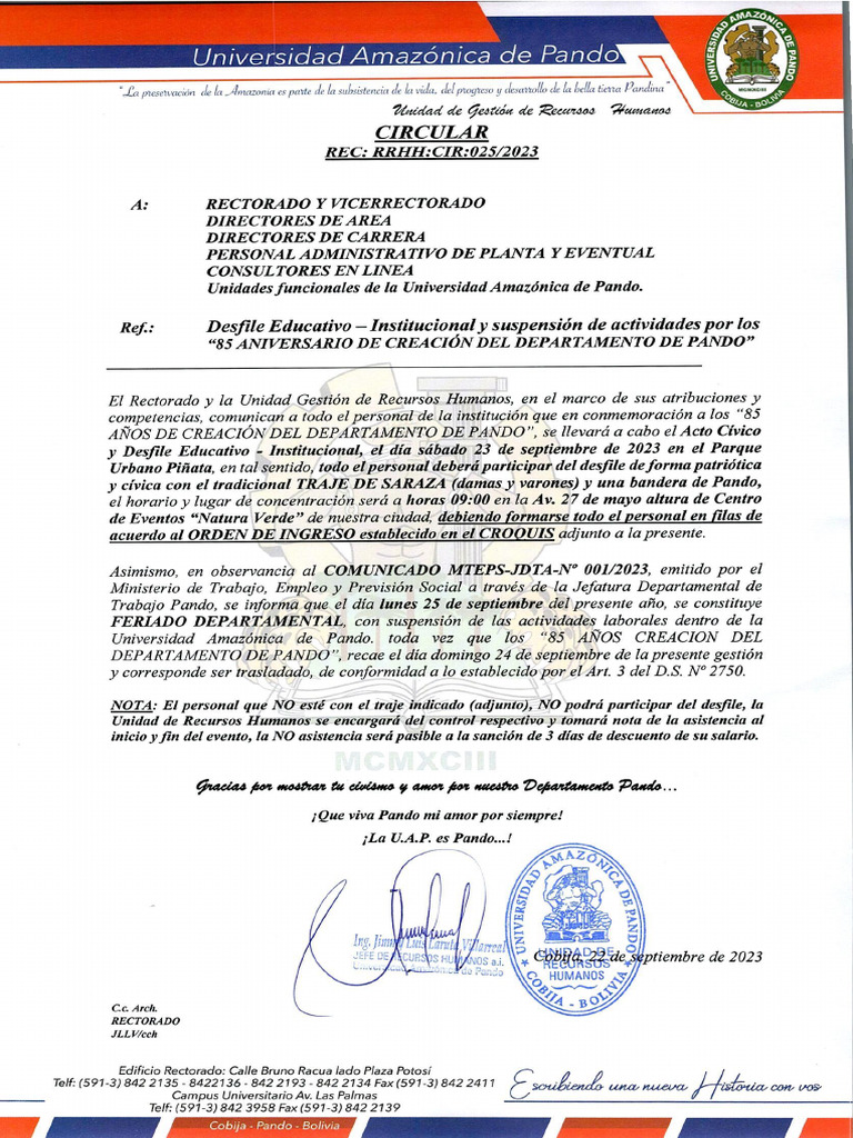 Circular 025-2023 85 Aniversario de Creación Del Departamento de Pando | PDF