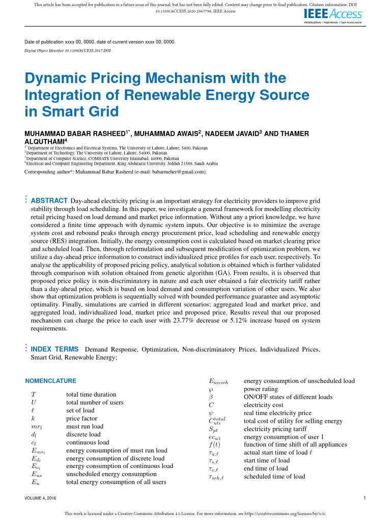 Dynamic Pricing Mechanism With The Integration of Renewable Energy Source in Smart Grid | PDF ...