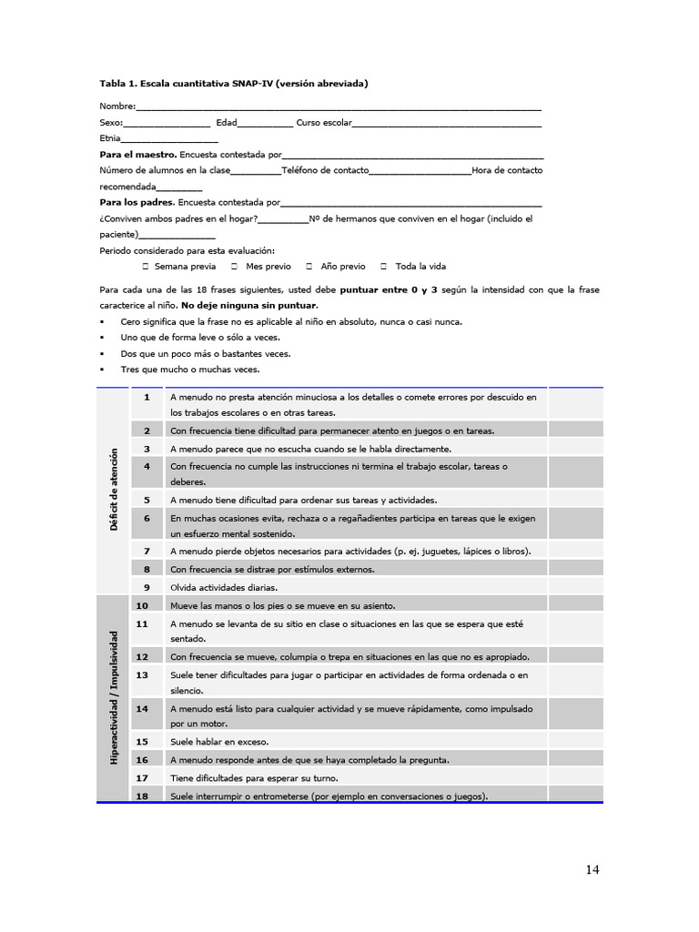 Escala Snap-IV Versión Abreviada | PDF | Desorden hiperactivo y deficit ...