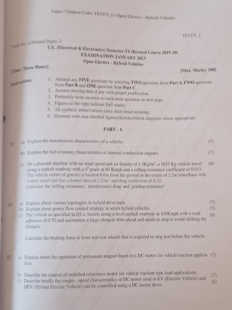 Hybrid Vehicles Previous Year's Papers | PDF