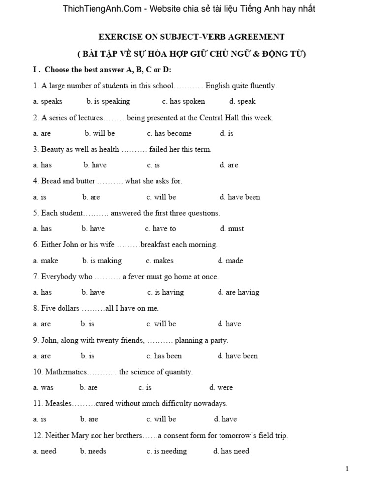 Subject - Verb Agreement Exercises | PDF
