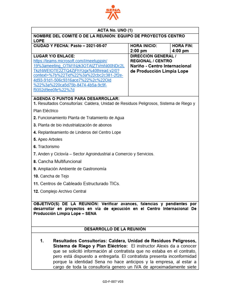 GD-F-007 Formato de Acta y Registro de Asistencia | PDF