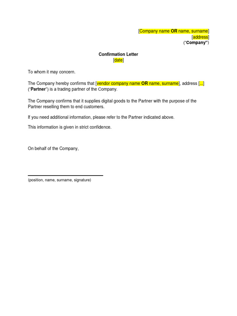 Template Suppliers Written Confirmation | PDF