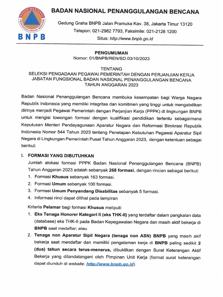Pengumuman Seleksi PPPK Teknis BNPB TA 2023 | PDF