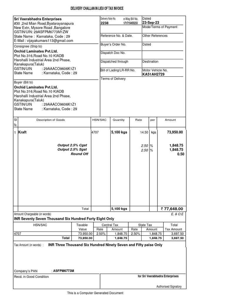 Delivery Challan in Lieu of Tax Invoice | PDF
