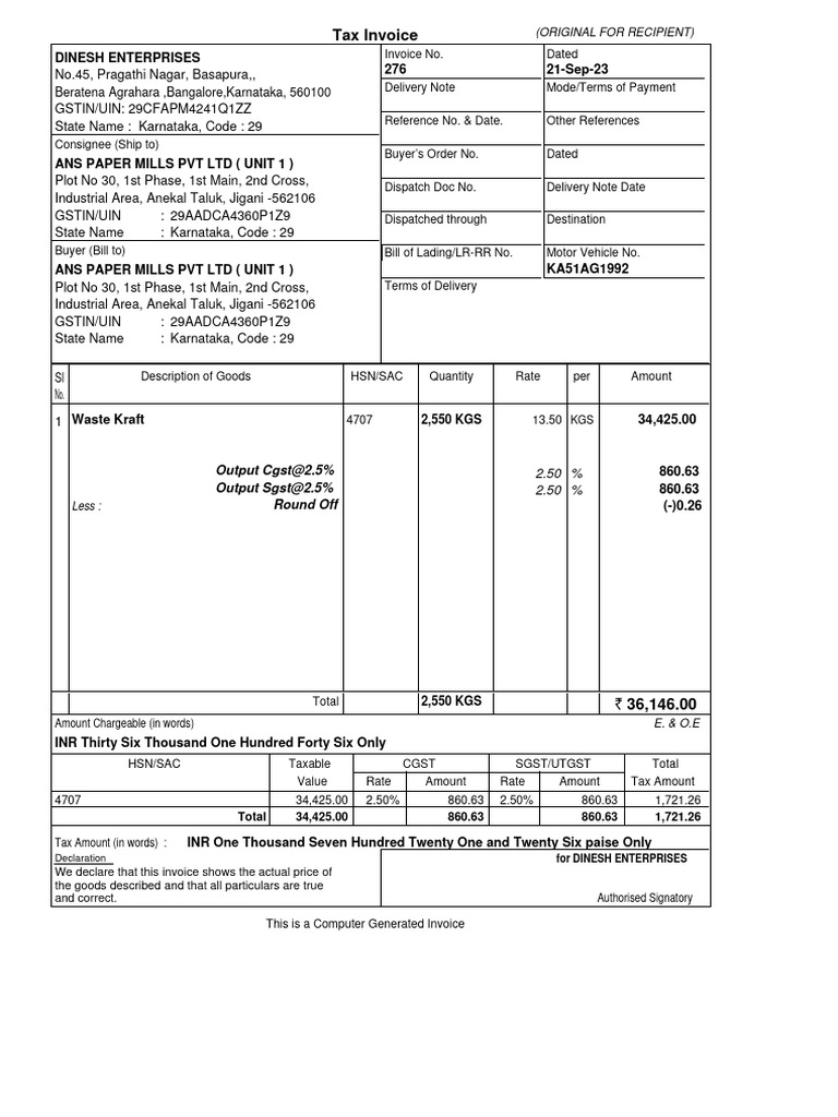 Tax Invoice: Output Cgst@2.5% Output Sgst@2.5% Round Off | PDF