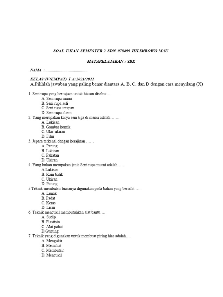 Soal Ujian Semester 2 SBK | PDF
