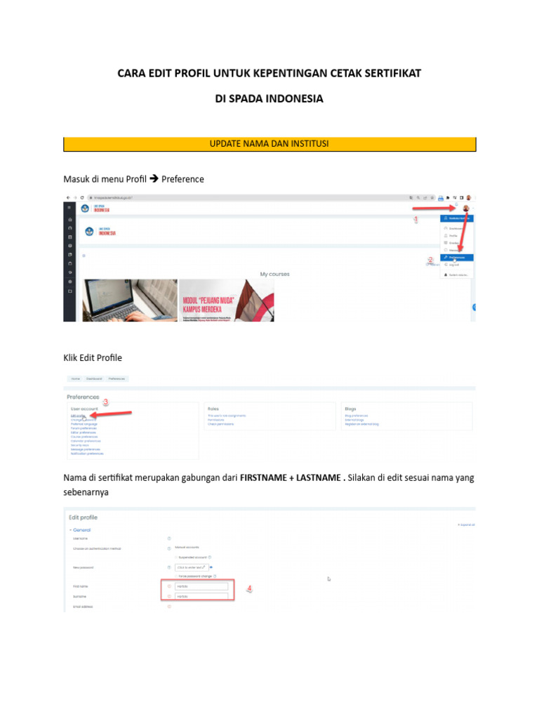 Cara Edit Profil Untuk Kepentingan Cetak Sertifikat | PDF