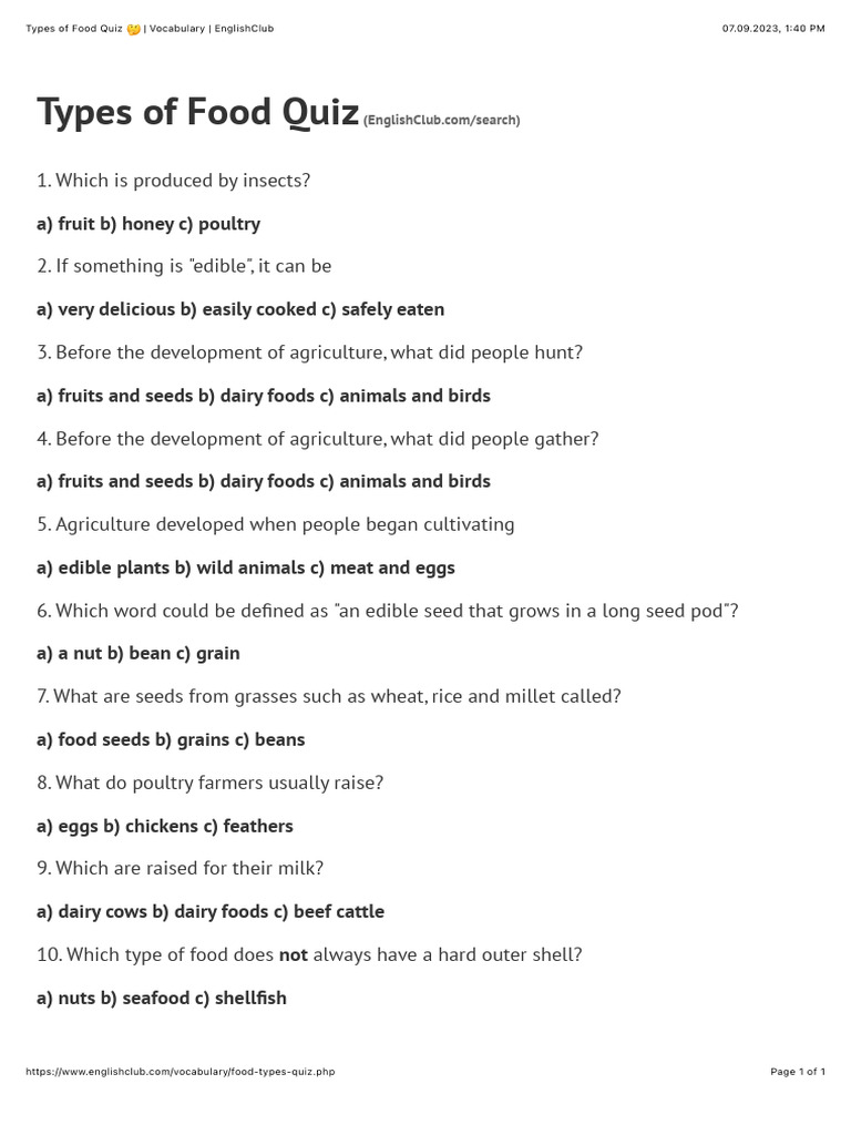 Types of Food Quiz ? - Vocabulary - EnglishClub | PDF