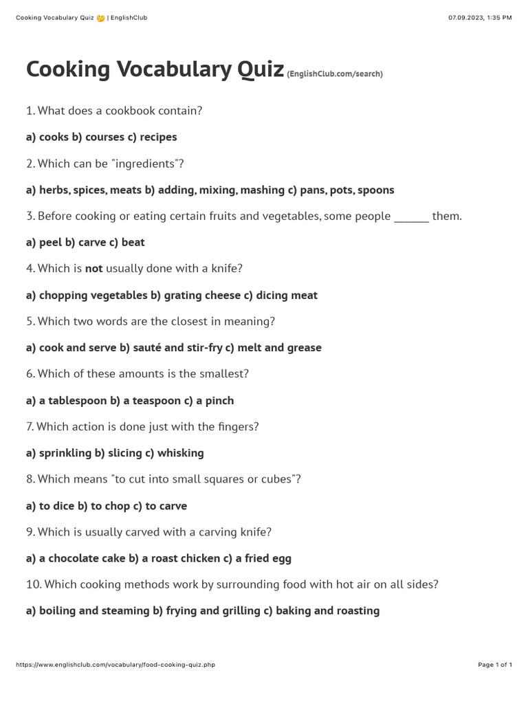 Cooking Vocabulary Quiz ? - EnglishClub | PDF