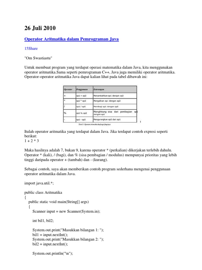Operator Aritmatika Dalam Pemrograman Java | PDF
